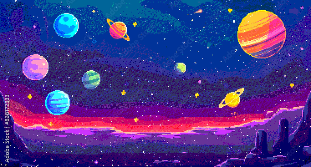 8-bit pixel art of a space background with stars, planets and galaxies ...