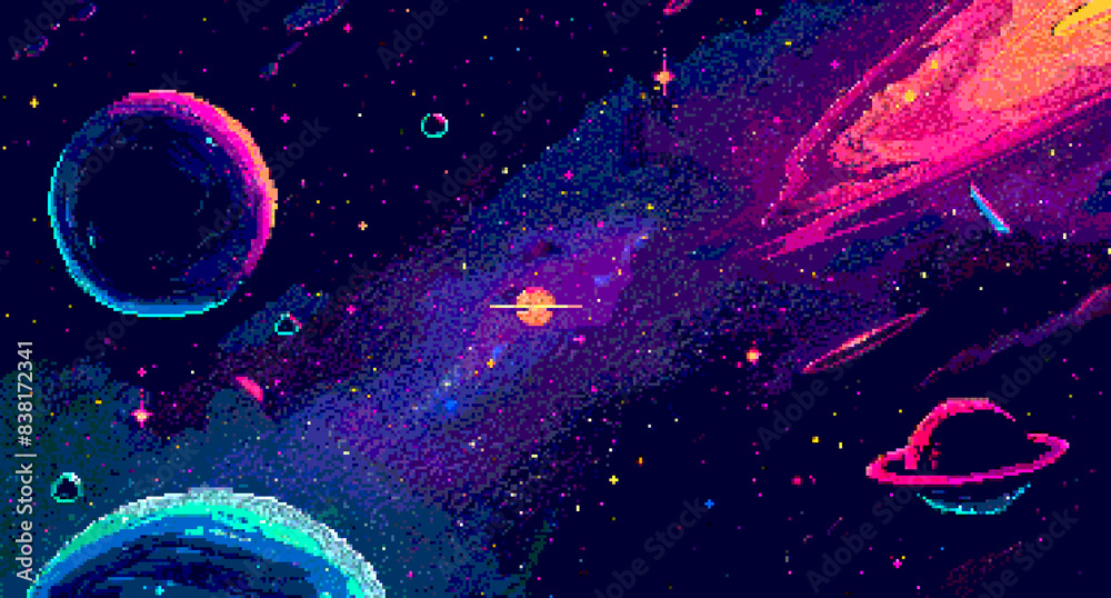 8-bit pixel art of a space background with stars, planets and galaxies ...