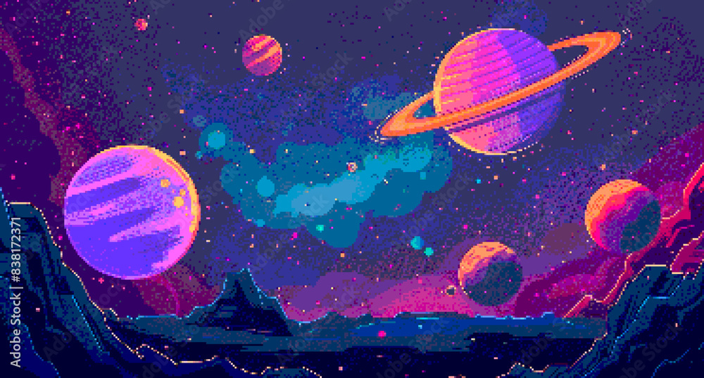 8-bit pixel art of a space background with stars, planets and galaxies ...