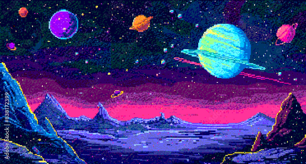 8-bit pixel art of a space background with stars, planets and galaxies ...