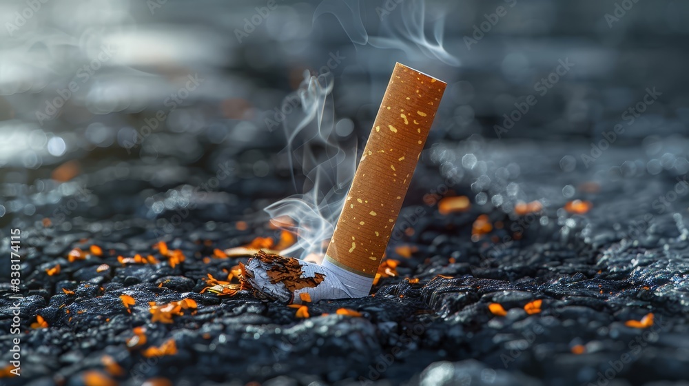 Lit cigarette discarded on the ground, capturing the impact on ...