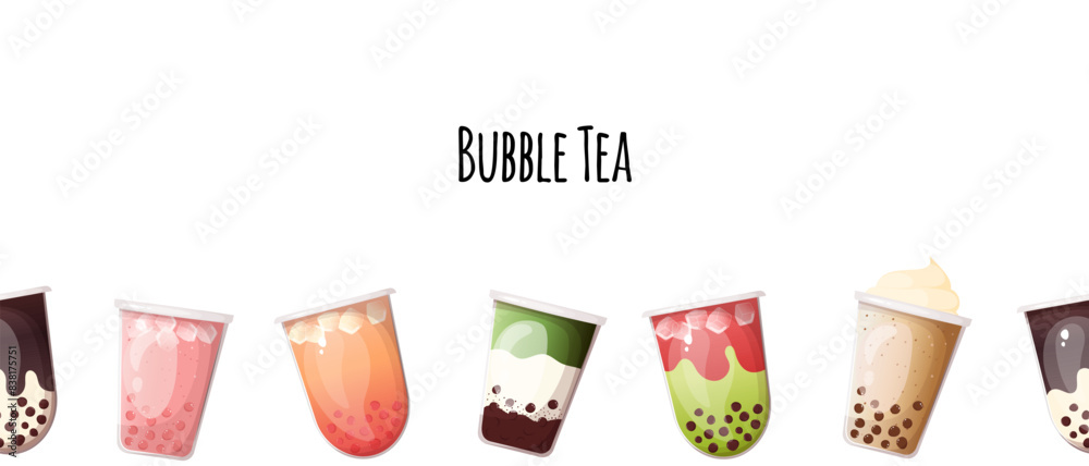 Seamless border with bubble tea. Soft drinks banner template isolated ...