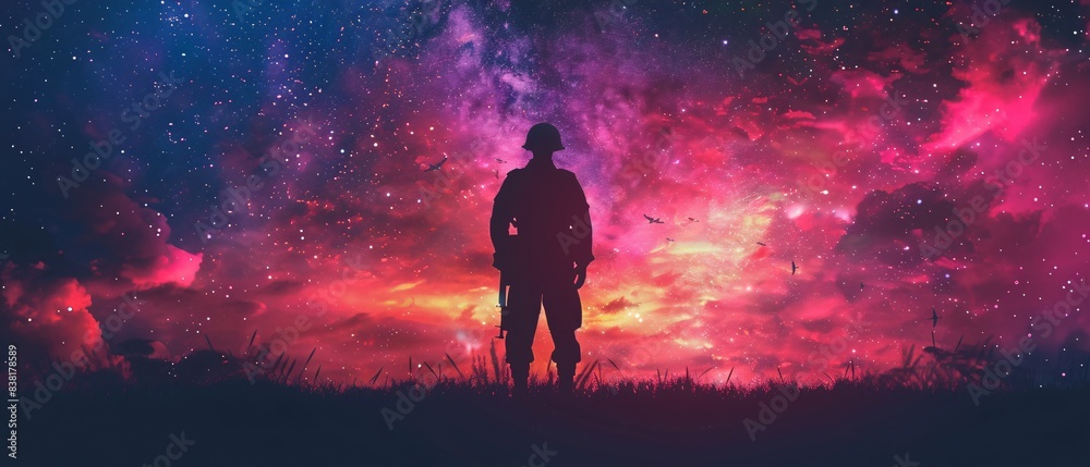 Silhouetted WWII Soldier Amid Cosmic Sunset - Astral War Hero Concept ...