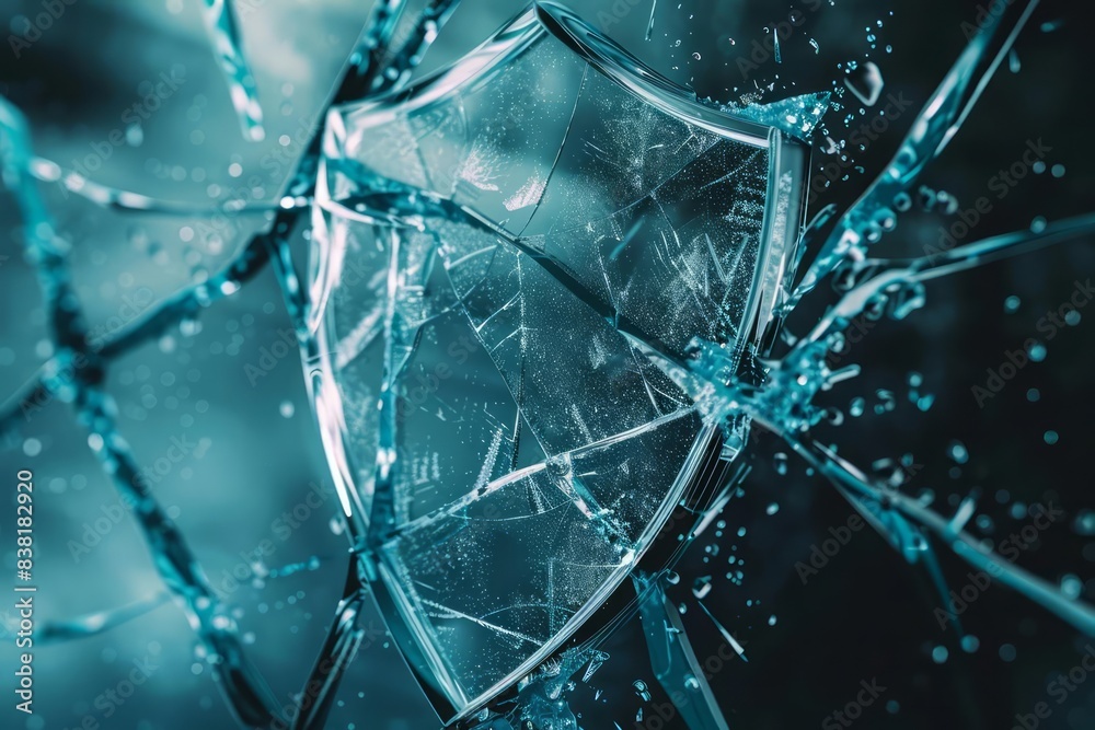 A surreal image of a broken glass shield icon with exaggerated cracks ...