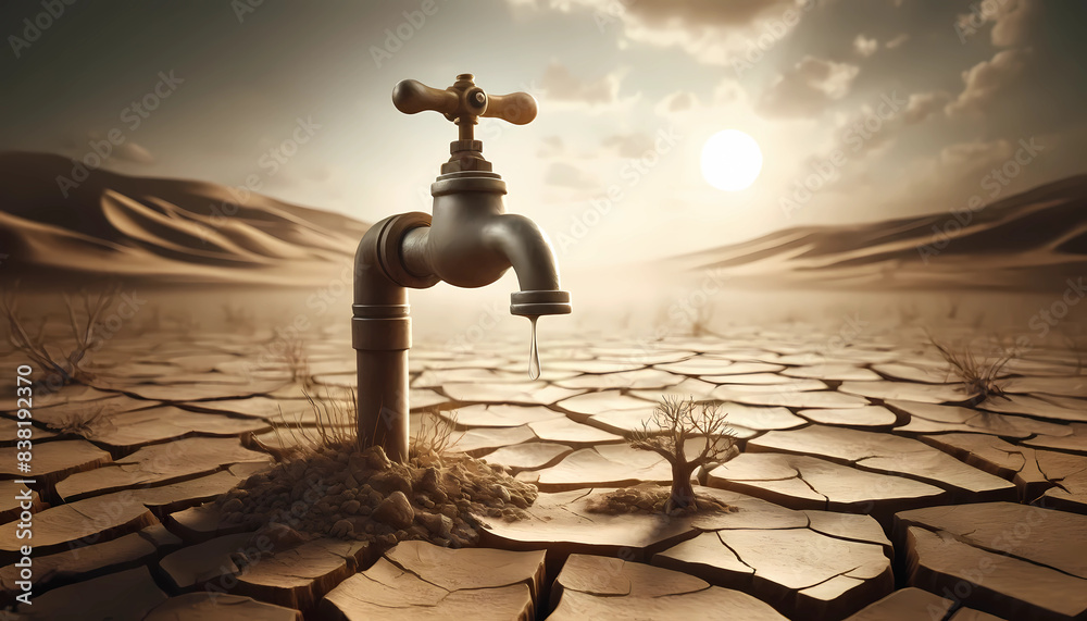 Amidst a dry and cracked desert, a water tap serves as a stark reminder ...