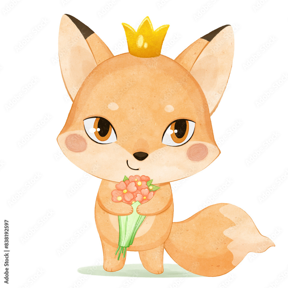 Fox Princess. Little Red Fox in a crown with a bouquet of pink flowers ...