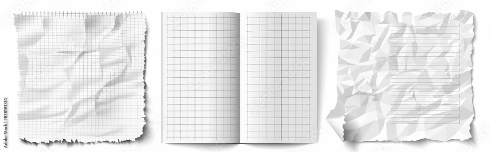 Blank white checkered and lined sheets of notebook paper isolated on ...