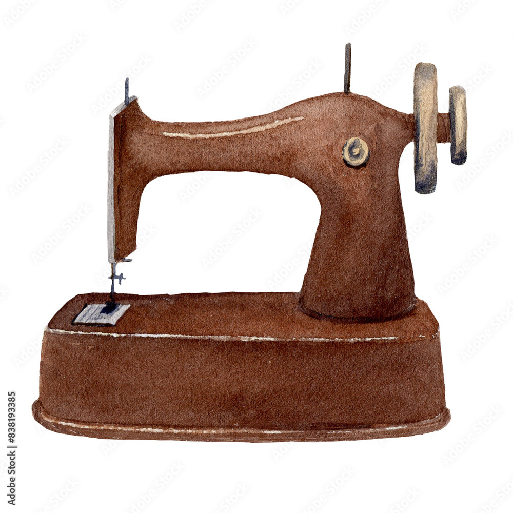 Brown vintage sewing machine, isolated watercolor painting on white ...