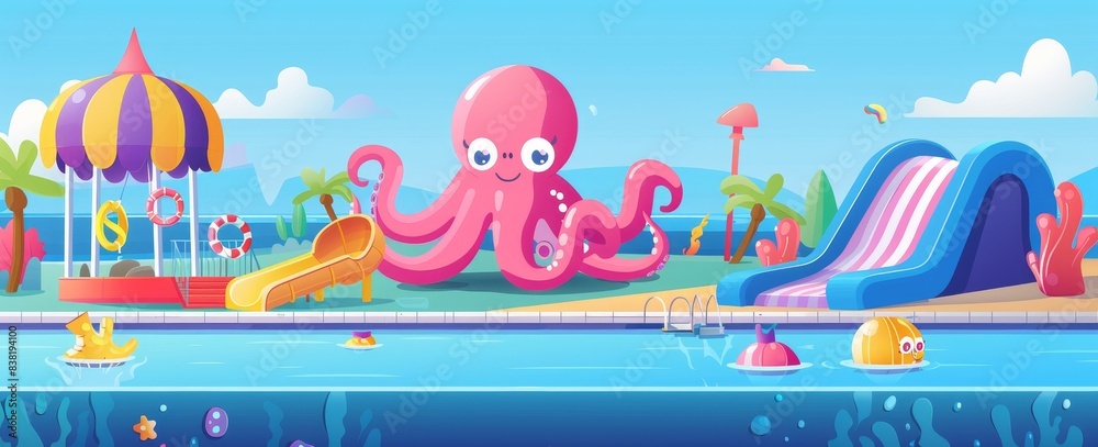 Waterpark with slides and pools in summer. Cartoon modern illustration ...