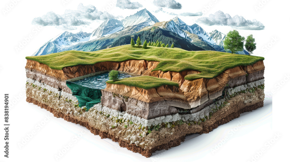 Detailed cross-section of soil layers beneath a picturesque landscape ...
