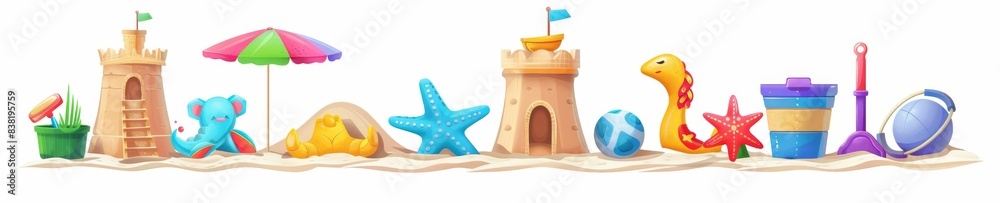 An illustrated cartoon of a summer beach vacation, with sandcastles ...