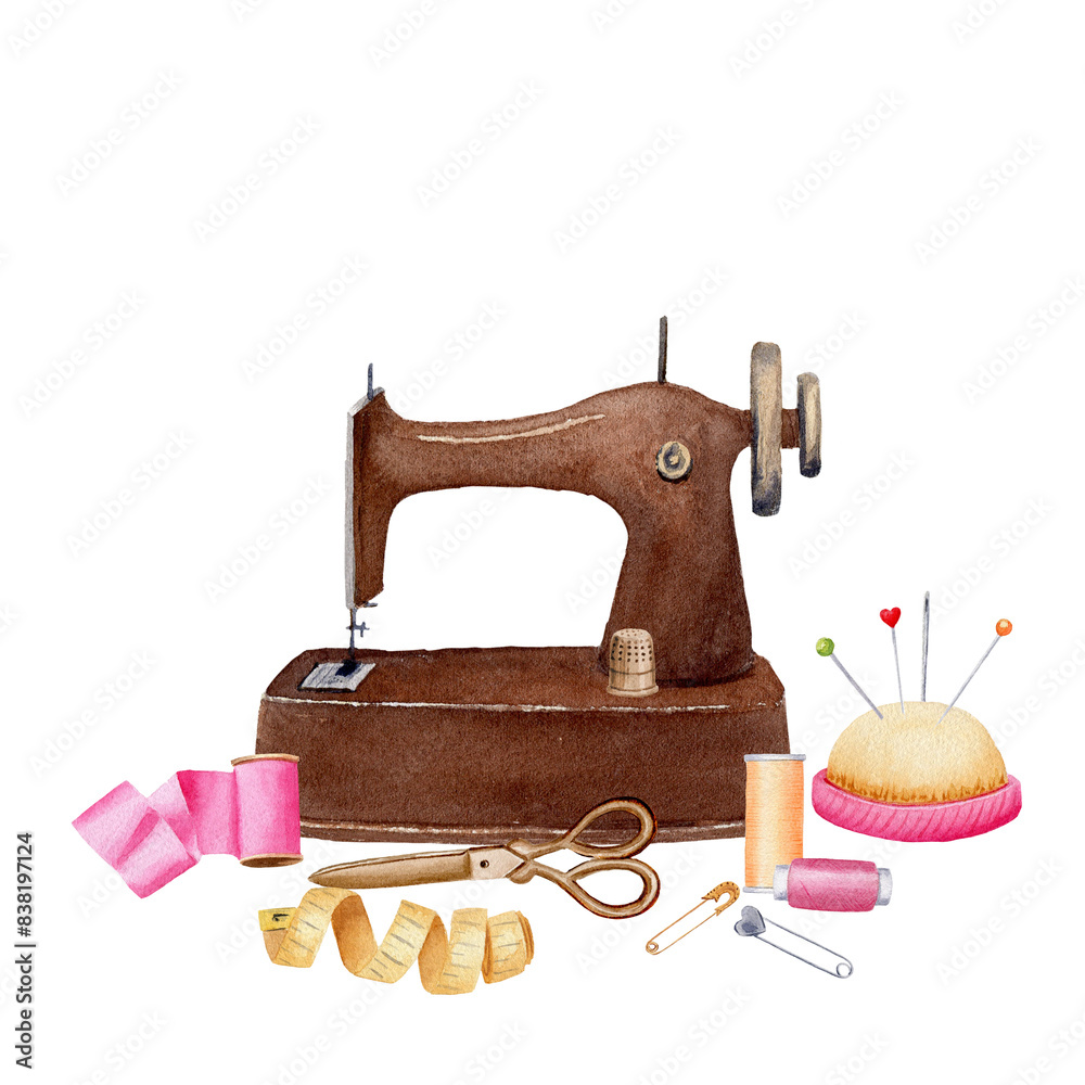 Brown vintage sewing machine with sewing equipment, isolated watercolor ...