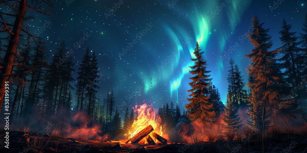 A campfire in the forest under starry sky with northern lights ...
