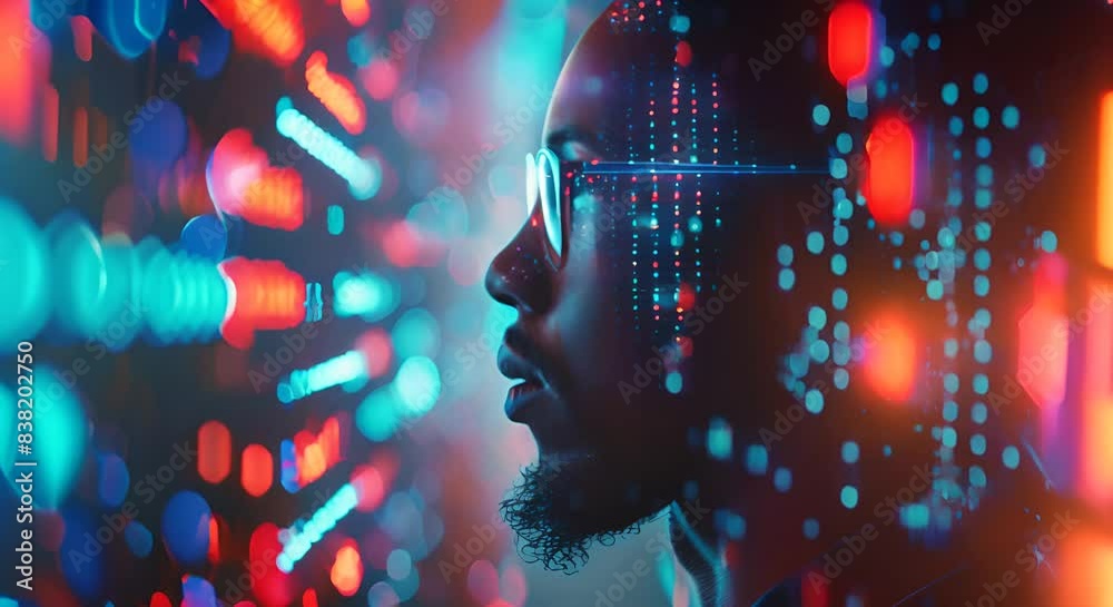 ai cyber security threat concept illustration. Black african american IT specialist analysing ...