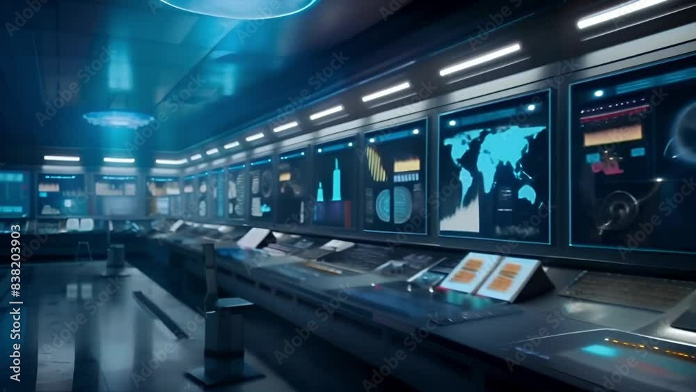Central control room interface with multiple monitors displaying ...