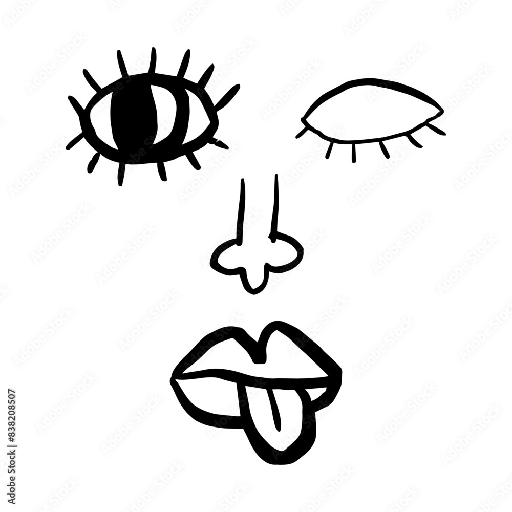 Funny face with one eye closed and tongue sticking out, doodles, vector ...