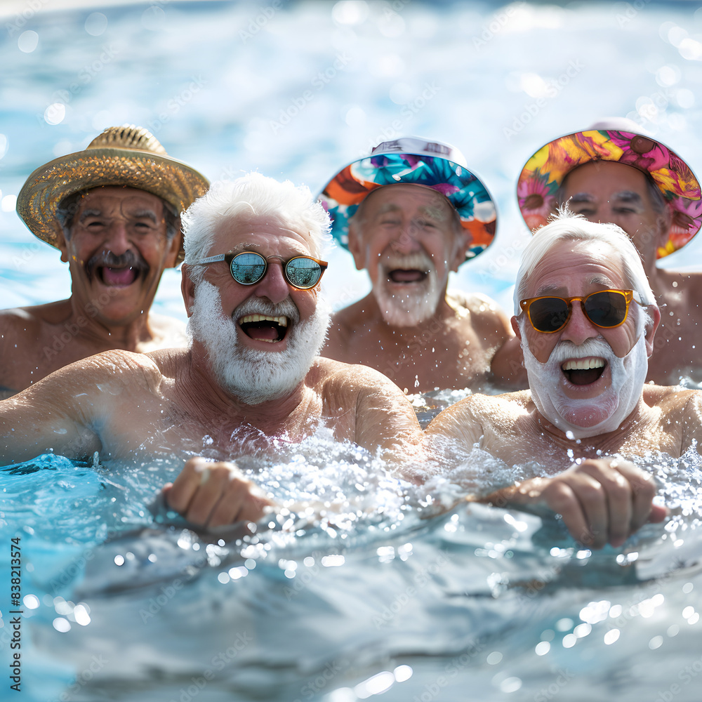 group of cheerful seniors shaving fun in pool jumping, swiming and ...