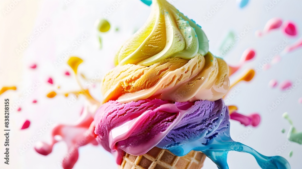 Colorful rainbow swirl ice cream cone with vibrant splashes on a white ...