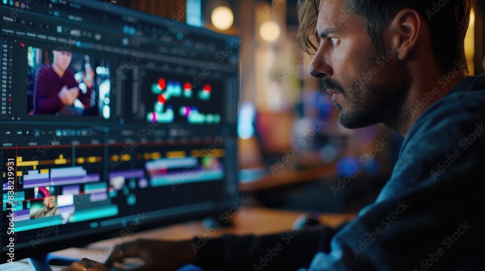 Professional video editor arranging clips on a timeline, with colorful ...