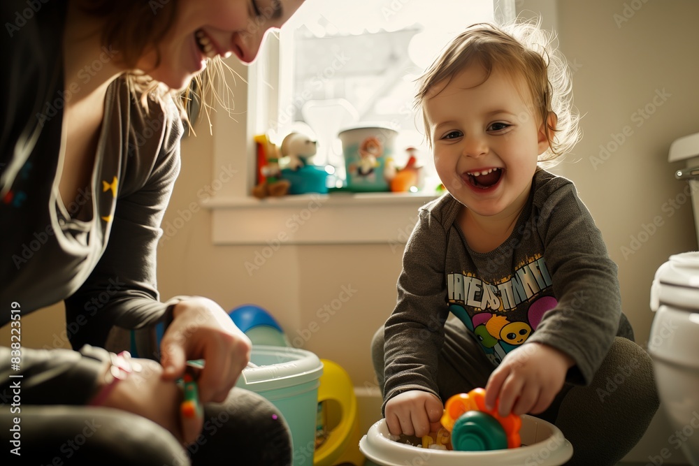 Toilet and potty training. A small child gets used to a useful skill ...