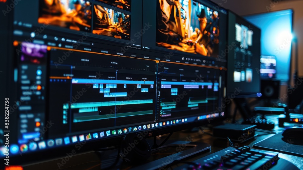 Top view of a video editing timeline on a computer screen, with a creative storyboard layout and ...