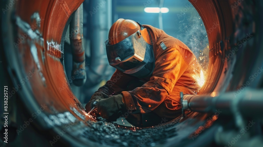 Foto de Professional Heavy Industry Welder Working Inside Pipe, Wears ...