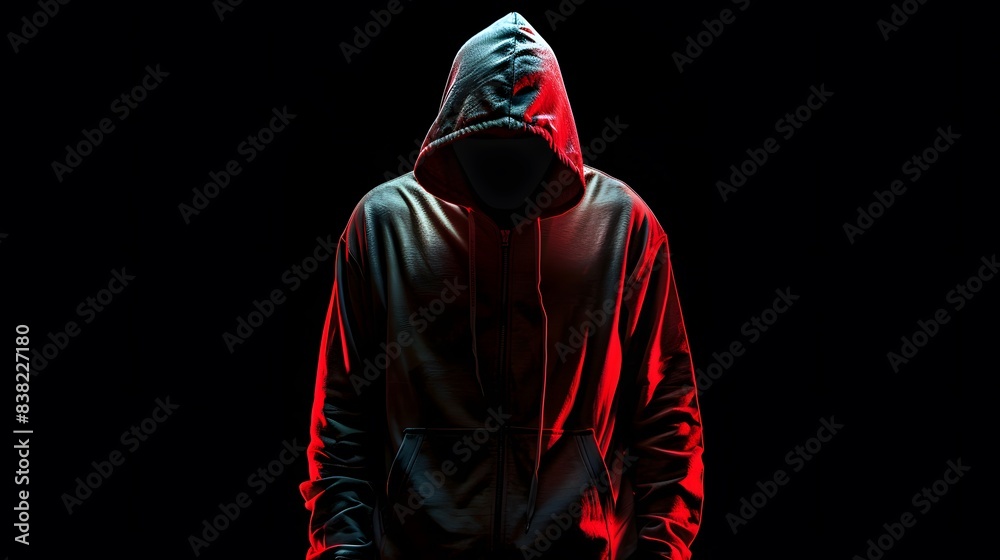 Faceless man in hoodie standing isolated on black background with big ...