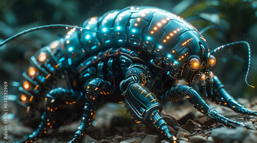 A close-up of an alien insect-like creature with bioluminescent body ...