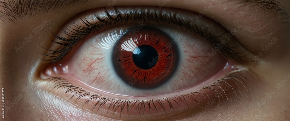 An extreme close-up shot of a human eye with red, irritated veins ...