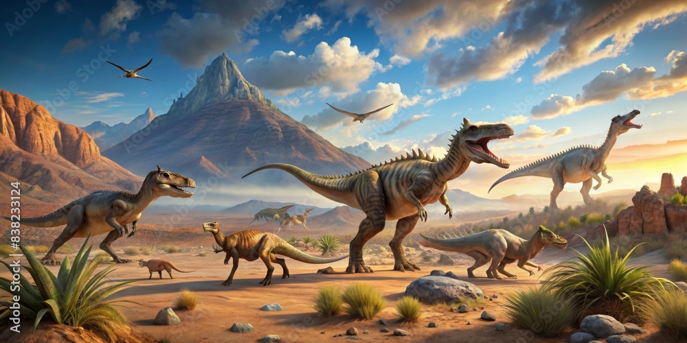 Dinosaurs roaming in a desert landscape, prehistoric, creatures ...