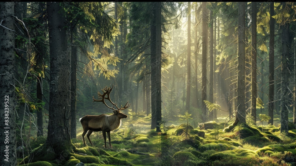 wilderness landscape forest with pine trees reindeer and moss. nature ...