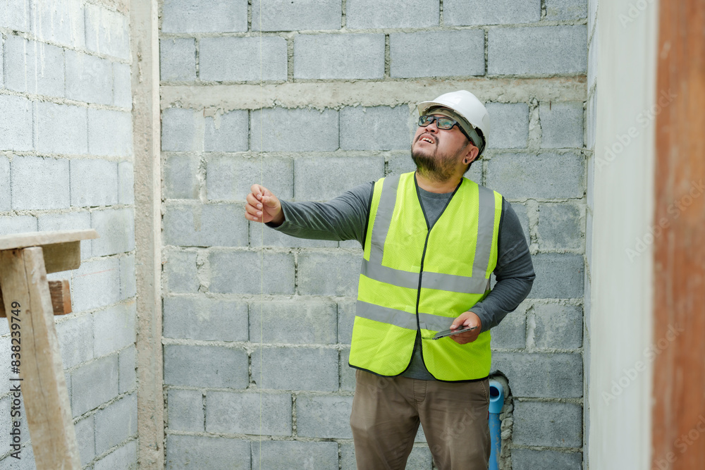 Asian male construction worker wearing hard hat and reflective vest ...