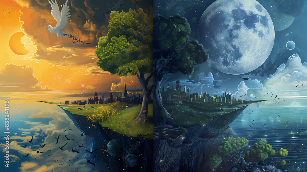 asymmetrical depiction of the sun vs the moon, showing the contrast ...