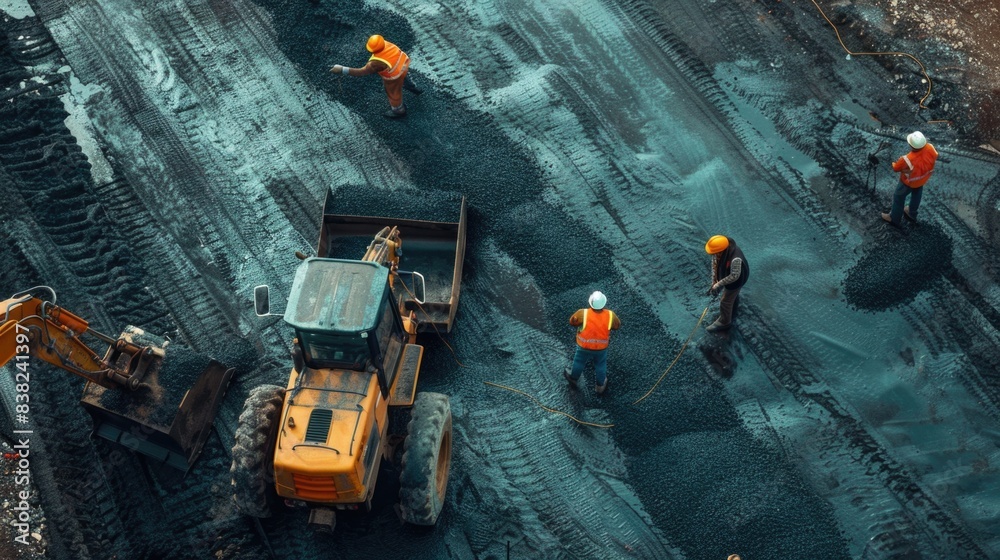 Road construction workers' teamwork, tarmac laying works at a road ...