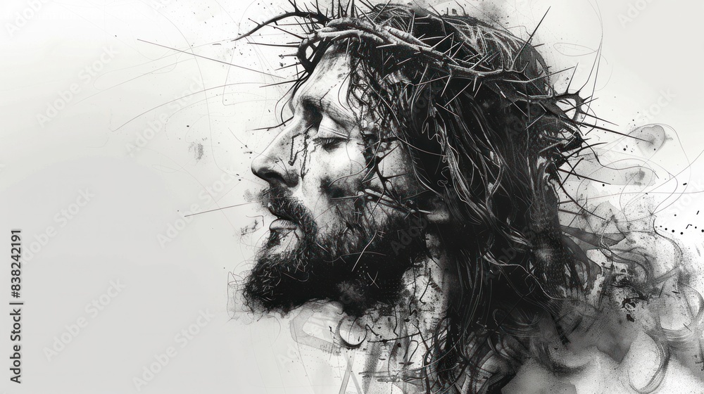 A painting depicting the sacred heart of Jesus Christ, an abstract ...