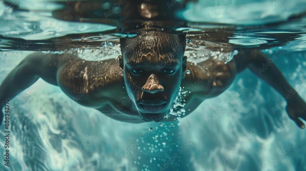 Underwater swimmer participate in competition. Dynamic blue clear water action. Determination ...
