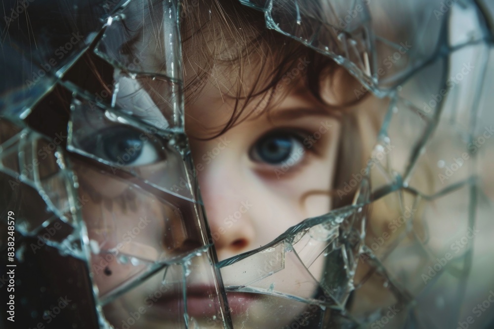 Sad child looking through the shattered glass. Innocence Shattered ...