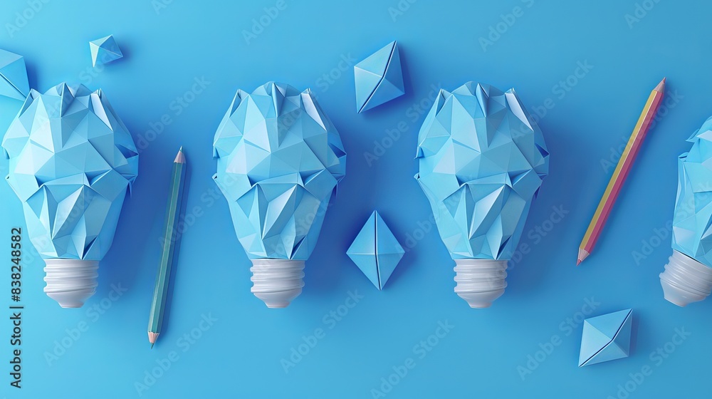 Blue background with 3d rendering of blue low poly lightbulb icons with ...