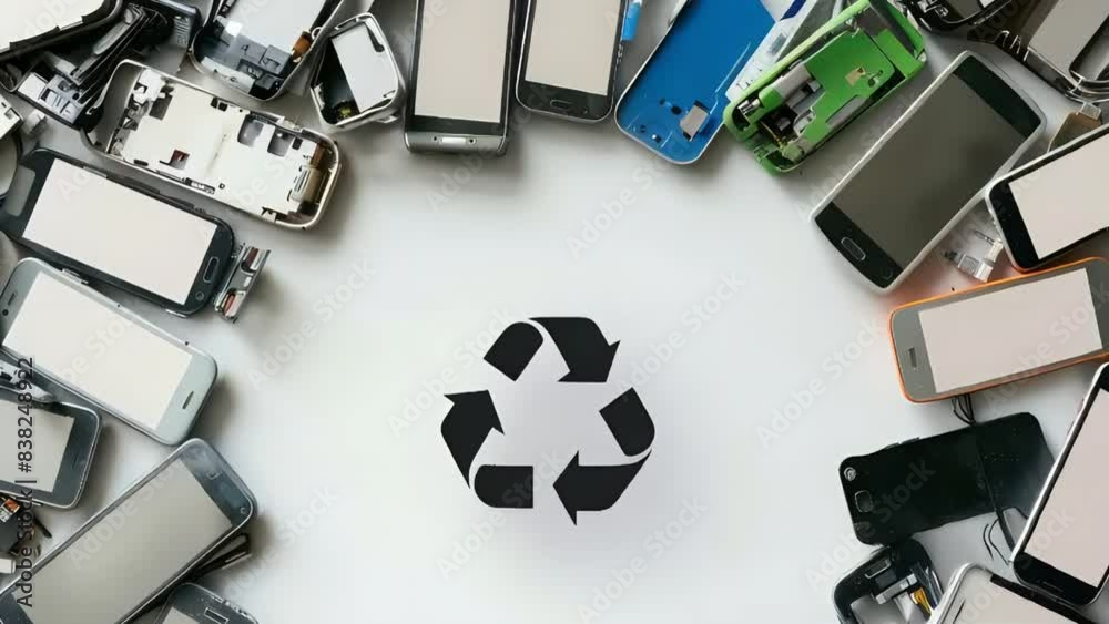 Circular arrangement of mobile devices with recycling and reuse symbol ...