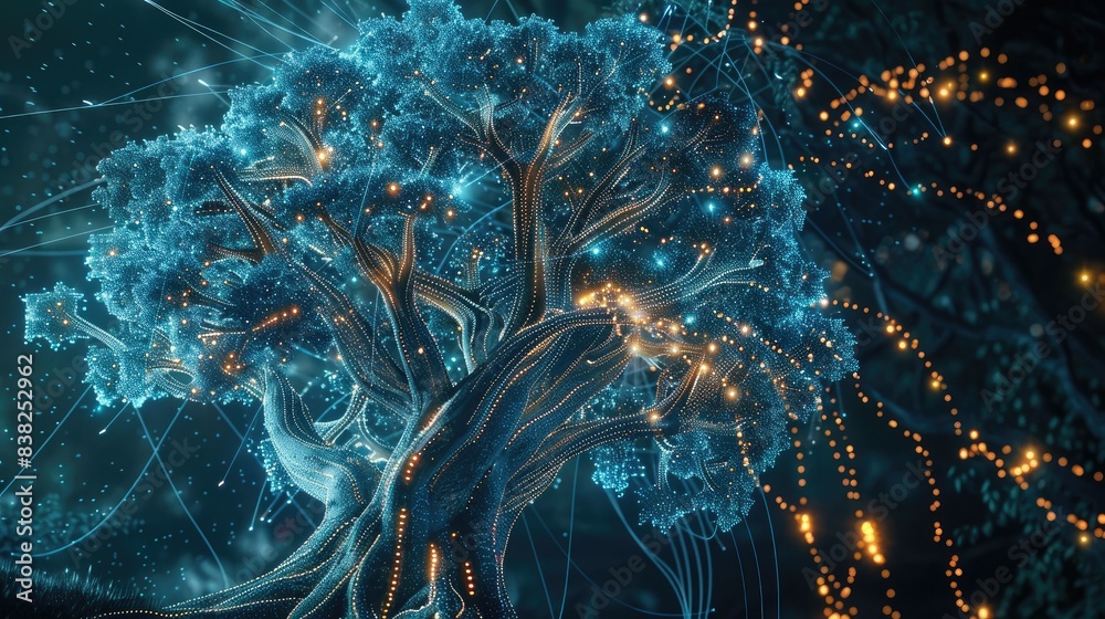 High-tech tree with illuminated branches and digital patterns ...