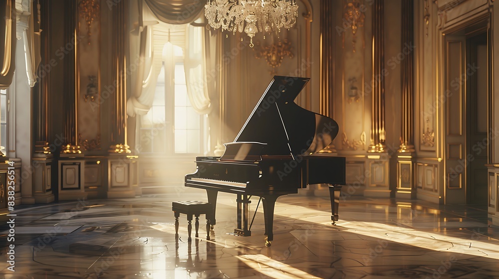 A grand piano in a lavish, elegant room with a chandelier casting a ...