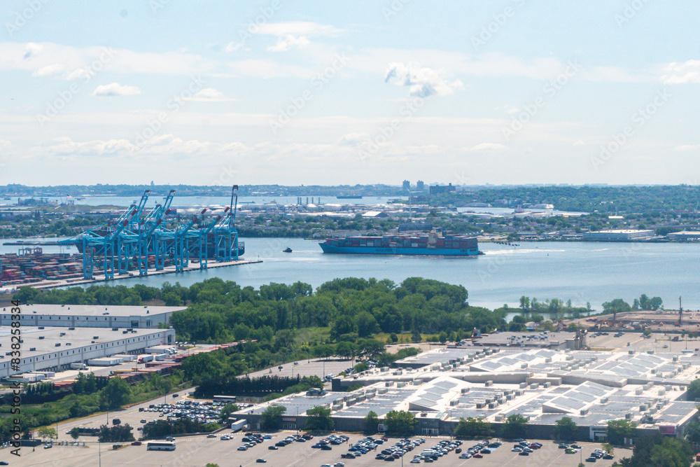 Aerial view of Shipping Containers, Newark Bay, Panamax cranes, a ...