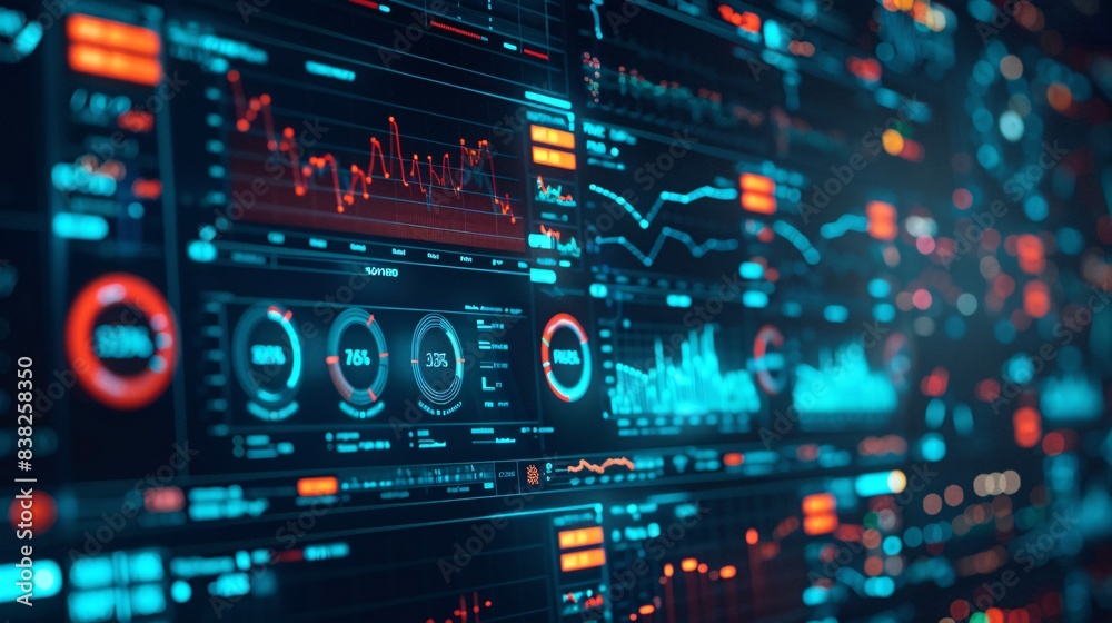 A digital representation of a stock market dashboard with various ...