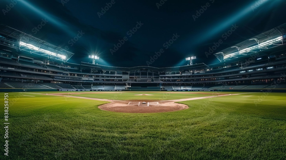 empty baseball stadium with spotlight illuminating the field at night ...