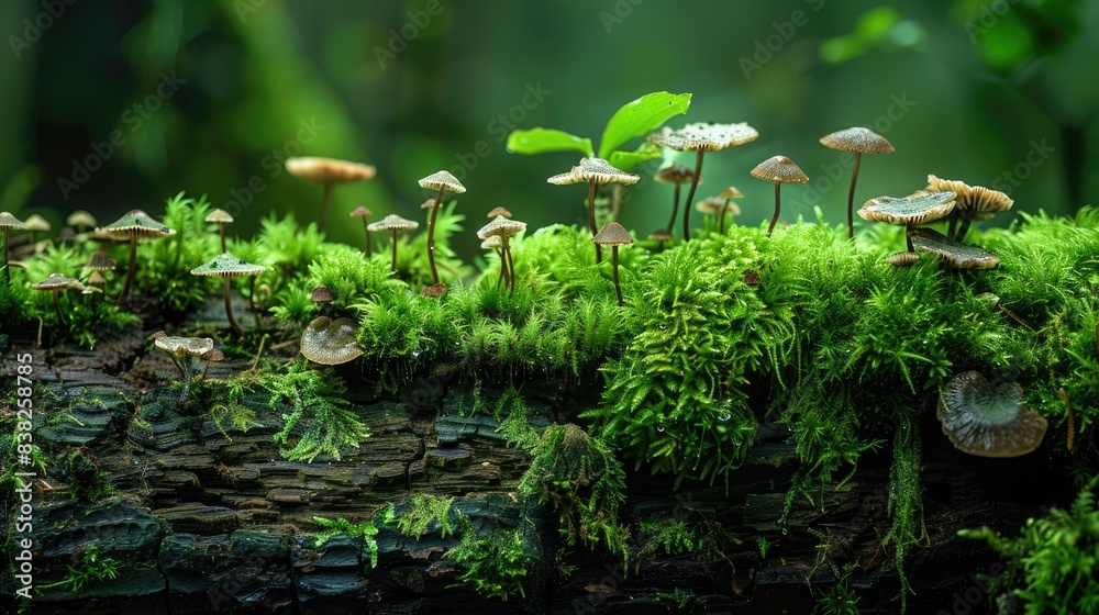 Rotting log covered in lush green moss and diverse fungi, offering a ...