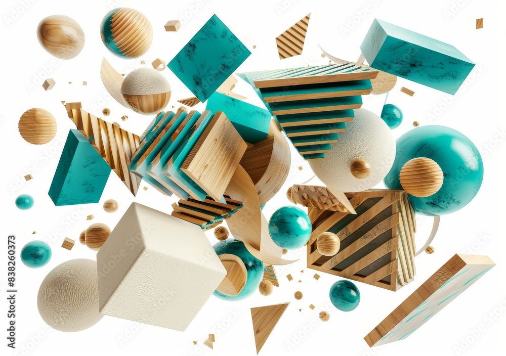 The 3D render of the realistic primitive composition illustrates flying ...