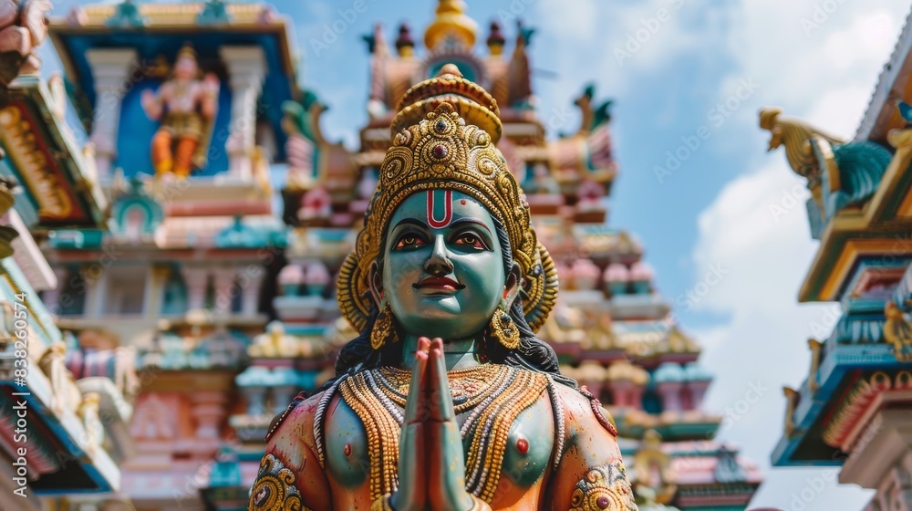 A beautifully adorned statue of a Hindu deity in a temple, highlighting ...