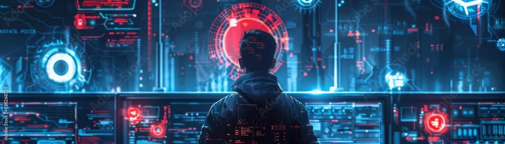 Scifi graphic novel illustration of a digital superhero deploying ...