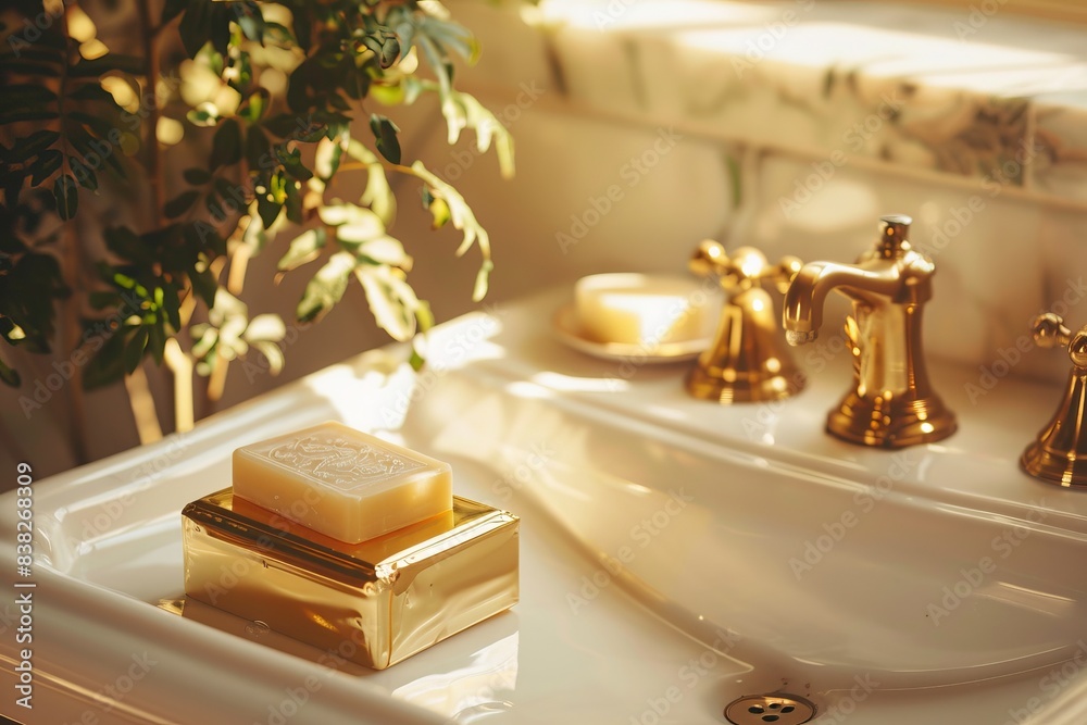 Luxurious soap bar with a gold wrapper in an opulent bathroom, side ...