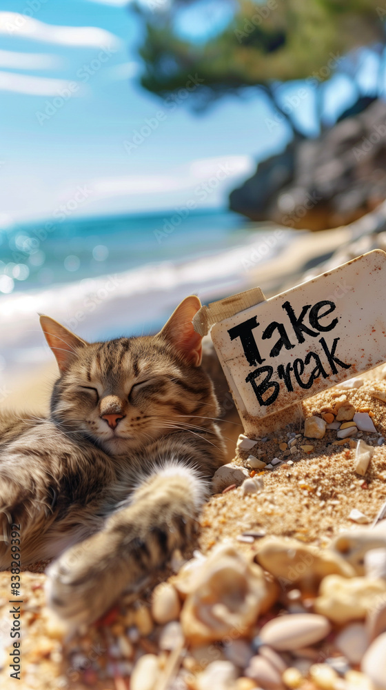 A relaxed cat lying on a sandy beach with a 'Take a Break' sign next to ...